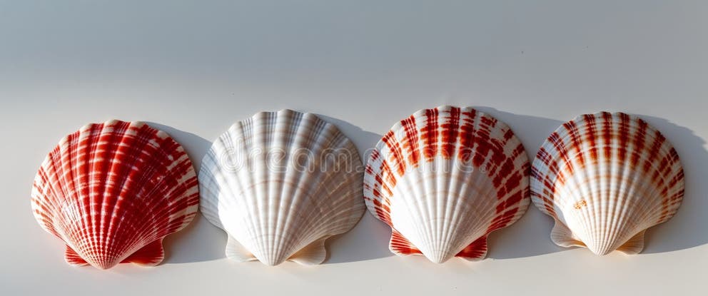 Three Red and White Scallop Shells Arranged in a Row Stock Photo ...