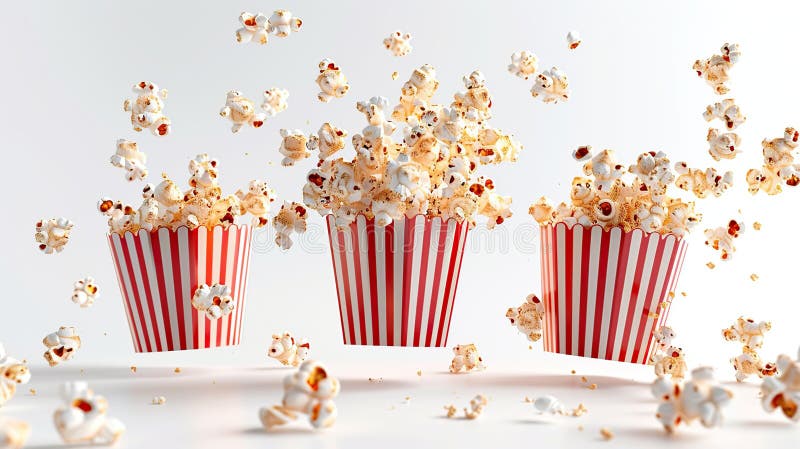 Three Red and White Striped Popcorn Buckets with Popcorn Exploding Out ...