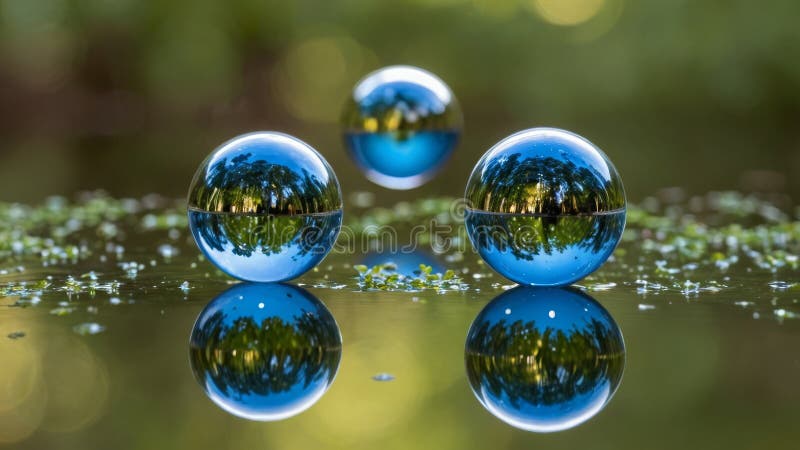 Three Reflective Blue Spheres on a Natural Background, Capturing the ...