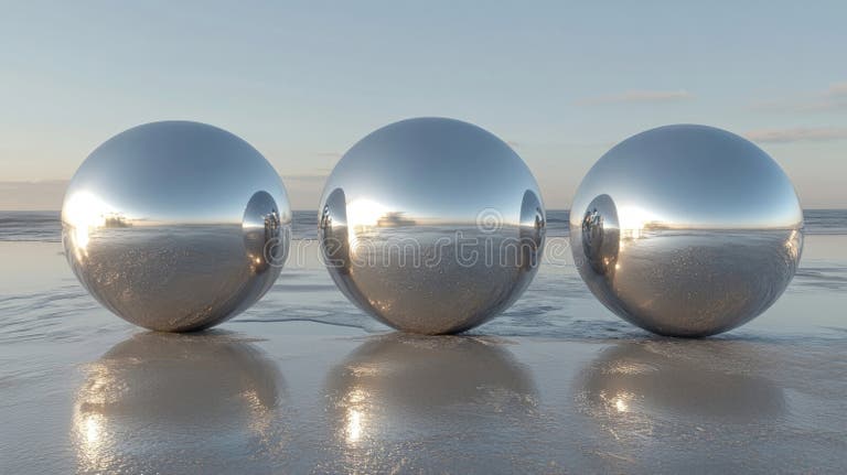 Three Reflective Spheres on Beach at Sunset Stock Illustration ...