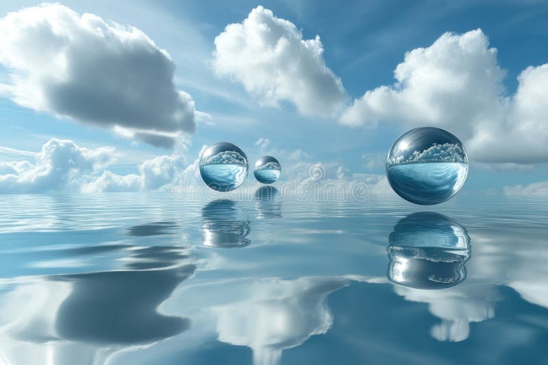 Reflective Water Spheres Floating in a Tranquil Blue Sky with Clouds ...