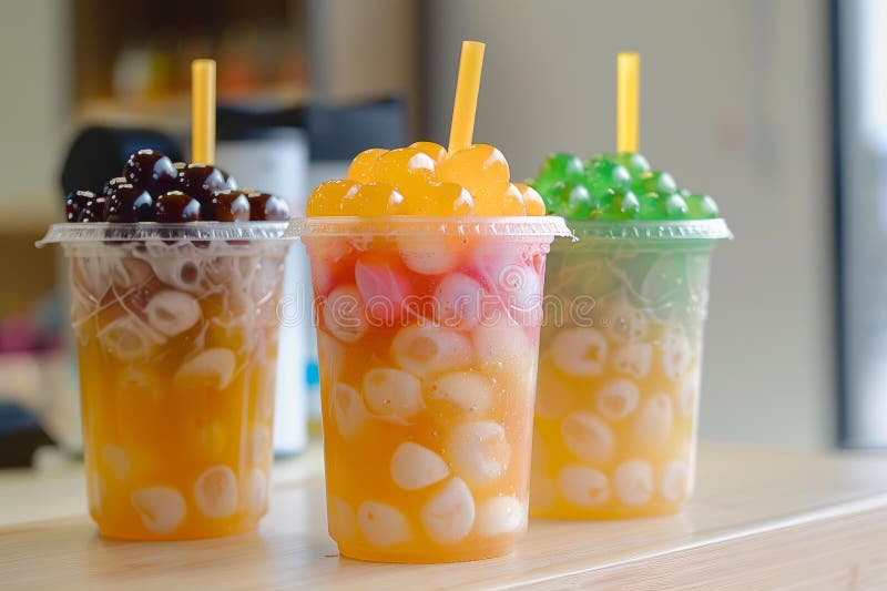 Three Refreshing Bubble Tea Drinks with Boba and Tapioca Pearls Stock ...