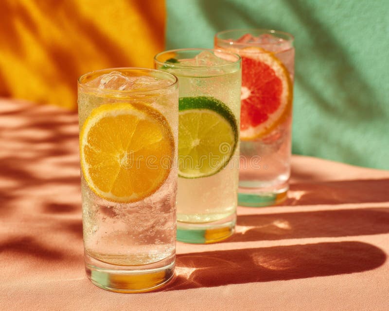 Three Refreshing Citrus Drinks with Ice Stock Illustration ...