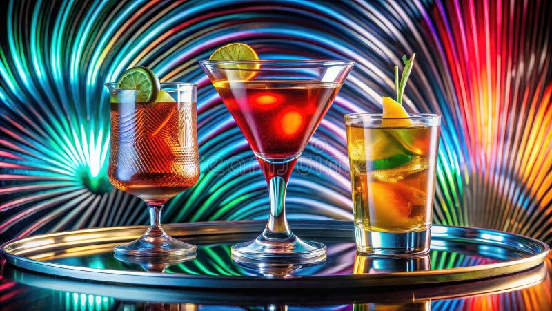 Three Refreshing Cocktails Garnished with Citrus and Herbs on a Silver ...