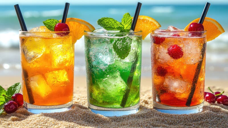 Three Refreshing Cocktails on Sandy Beach with Orange Slices and ...