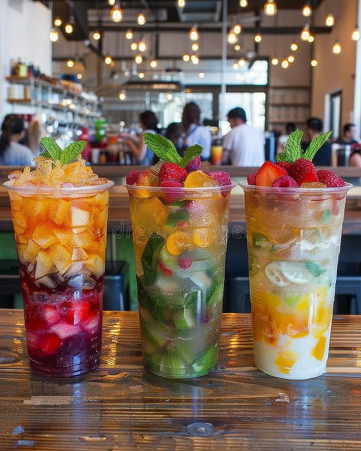 Three Refreshing Fruit Infused Iced Teas, Garnished with Fresh Mint, on ...