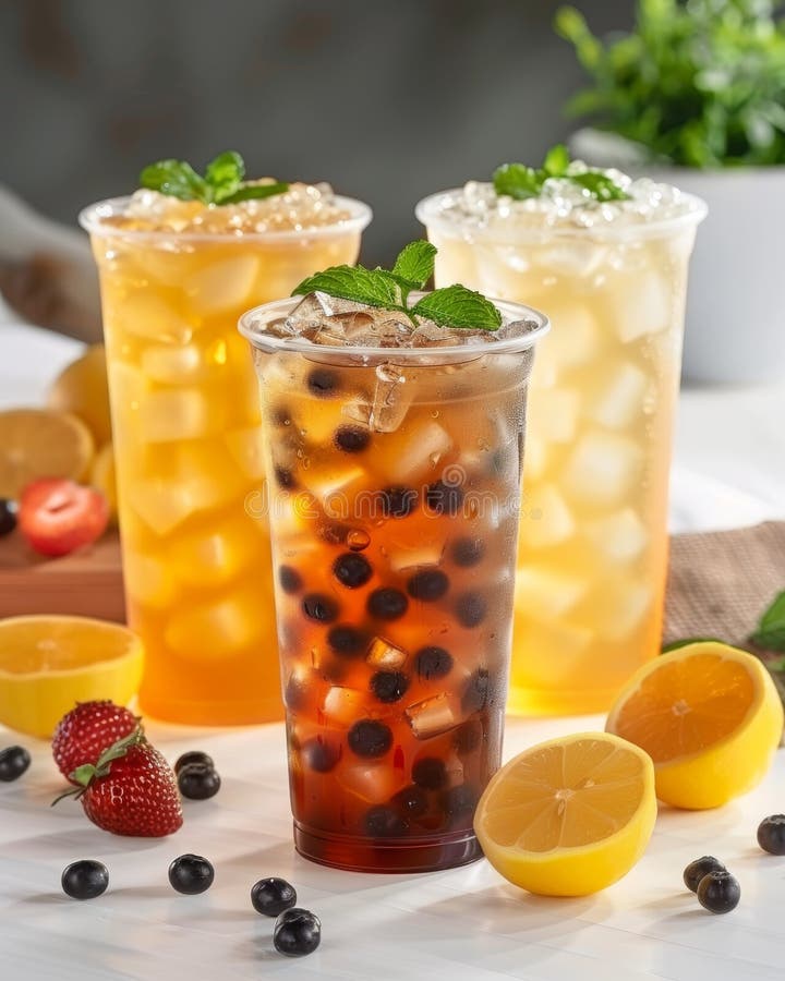 Three Refreshing Iced Tea Variations with Boba Pearls, Citrus Fruits ...