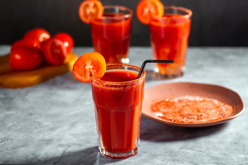 Three Refreshing Vegetable Cocktail. Tomato Juice Served in Glass with ...