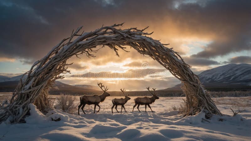 Majestic Reindeer Silhouette at Sunrise through a Winter Archway Stock ...