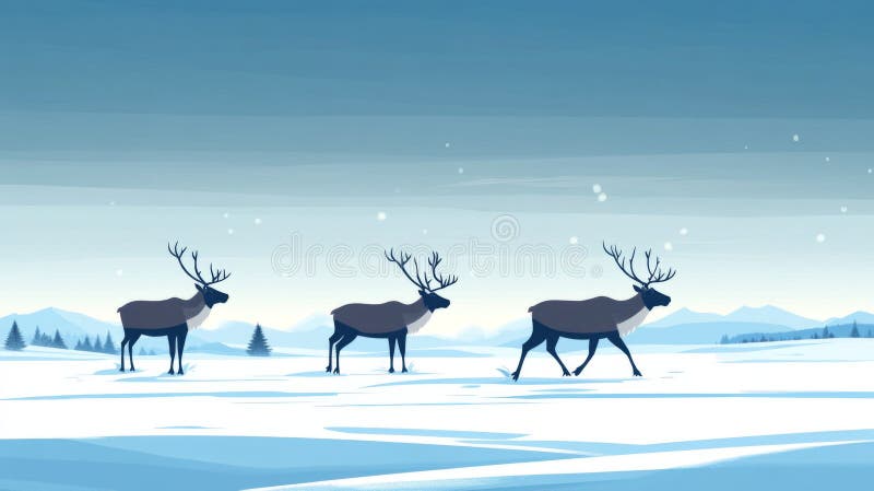 Three Reindeer Walking in Snowy Arctic Landscape Stock Illustration ...