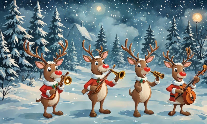 Three Reindeers Playing Instruments in the Snow Stock Illustration ...