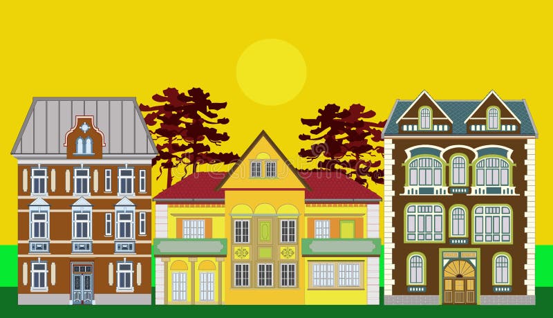 Three houses in a row stock illustration. Illustration of apartment ...