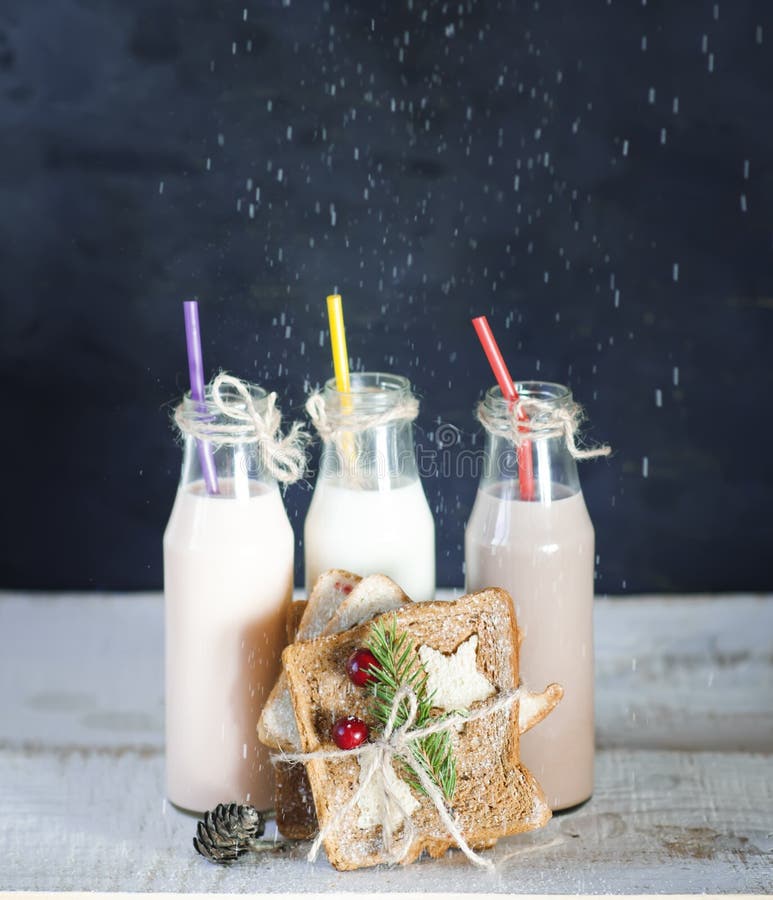 Three Retro Bottles with Milk Cocktail and Slice Toast Bread Stock Image - Image of fashioned ...