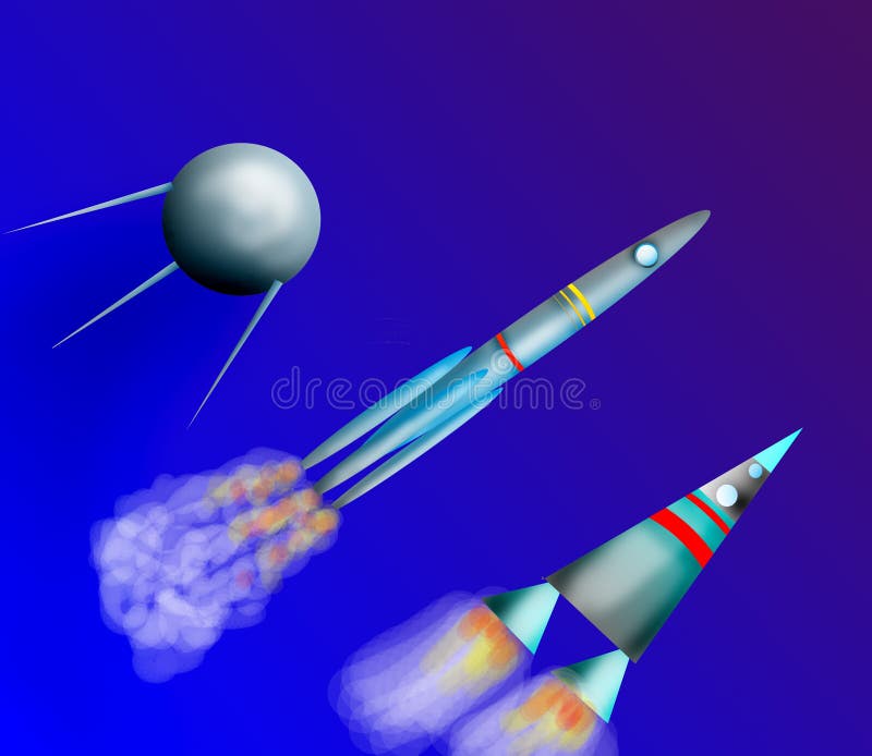 Three Retro Rockets Take Off Stock Illustration - Illustration of ...