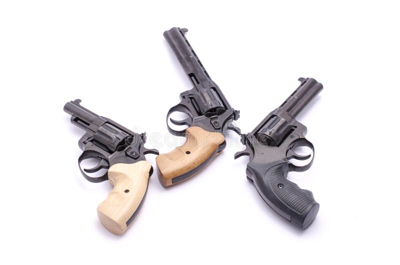 Three Revolvers with Gun Drums Isolated on White Stock Photo - Image of vintage, pistol: 220868136