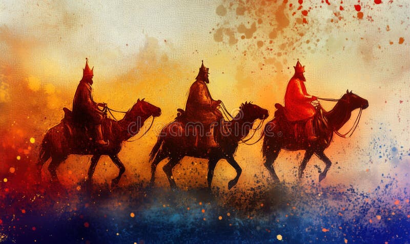 Three Riders on Horseback in Vibrant Sunset Colors with Abstract ...