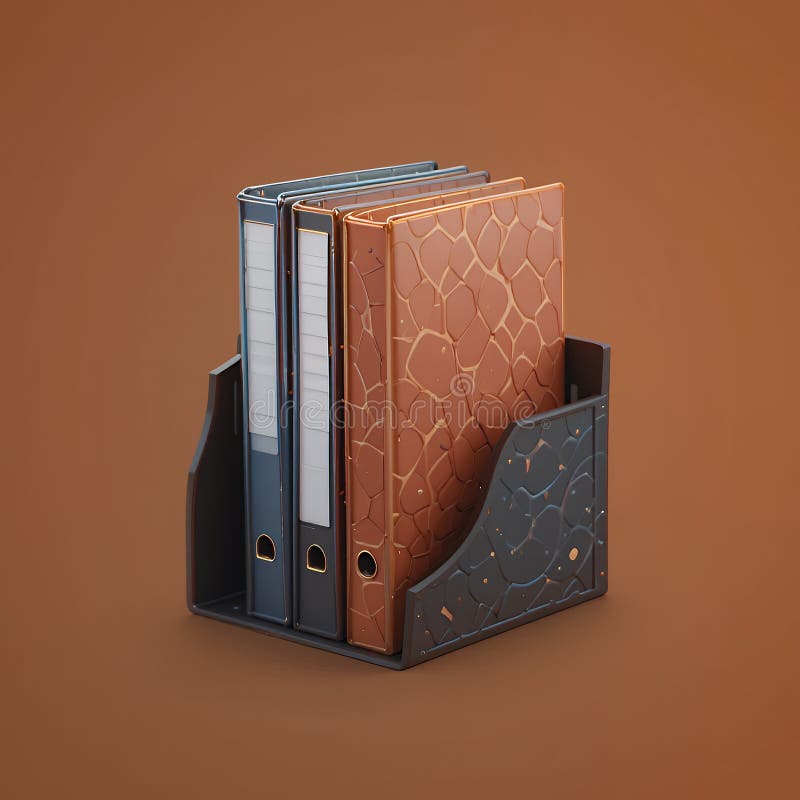 Three Ring Binders in a Black File Holder on Brown Background Stock ...