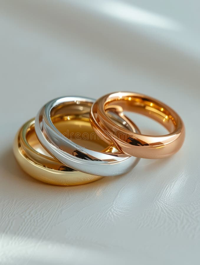 Three Rings in Gold, Silver, and Rose Gold on a White Surface. Stock ...