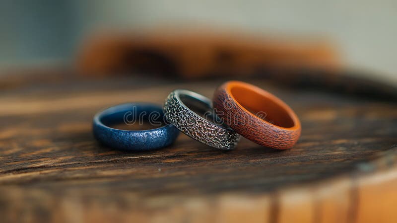 Three Rings Made of Different Materials Placed on a Wooden Table Stock ...
