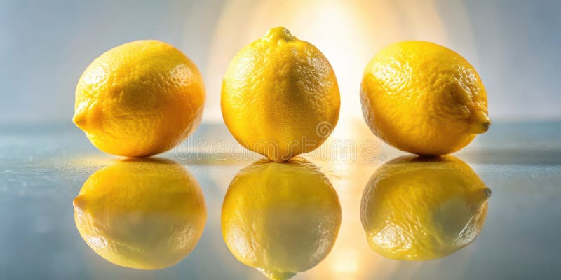 Three Ripe Lemons Reflecting on a Shiny Surface, a Vibrant Still Life ...