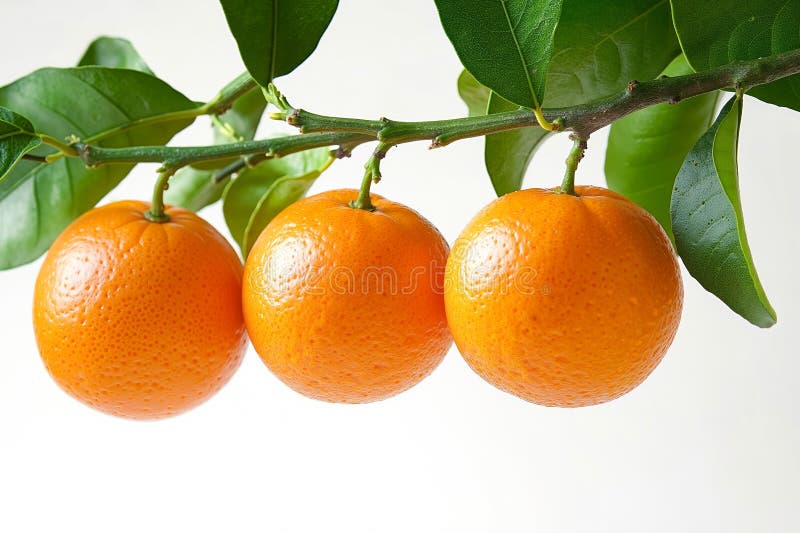 Three Ripe Oranges Hanging from a Tree Branch with Green Leaves Stock ...