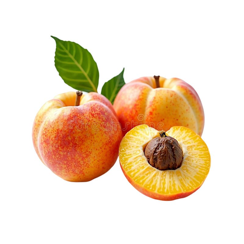 Three Ripe Peaches are Arranged, with One Cut Open To Reveal the Seed ...