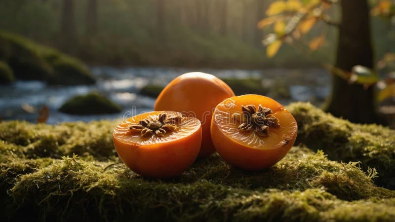 Juicy Persimmon Halves on Mossy Rock Near Stream at Sunset Stock ...