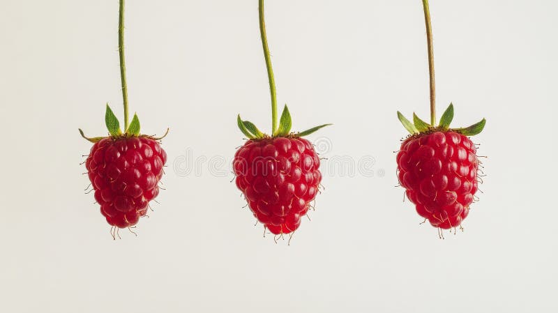 Three Ripe Raspberries Hanging from Stems on a White Background - a ...