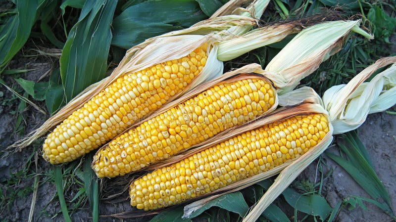 Three Ripe Yellow Corn Cobs on the Ground Stock Image - Image of corn ...
