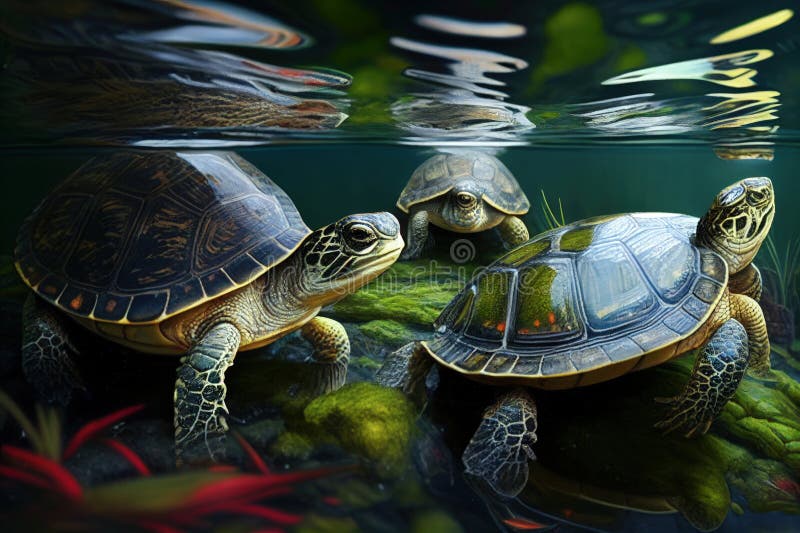 Three River Turtles Swim in the Pond during the Day - Generative AI ...