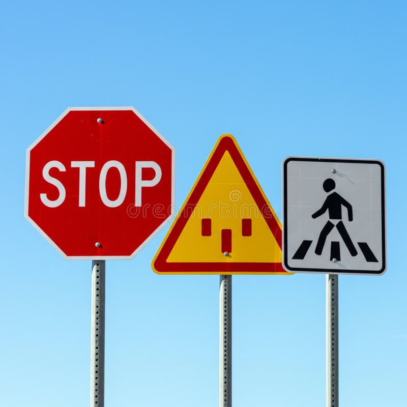 Three Road Signs Against a Clear Blue Sky: a Red Octagonal "STOP" Sign ...