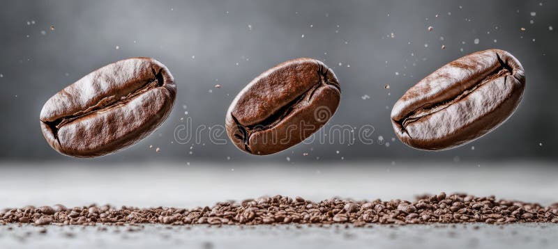 Three Roasted Coffee Beans Falling Down on Pile of Ground Coffee Powder ...
