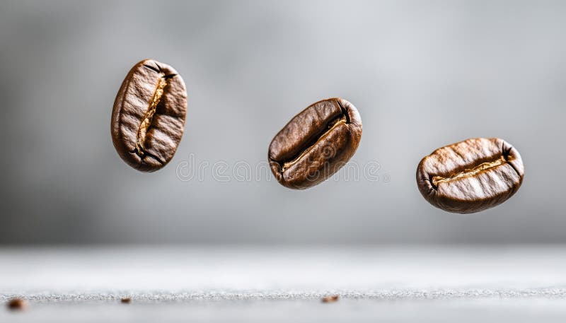 Three Roasted Coffee Beans Floating in Mid-Air on a Neutral Background ...