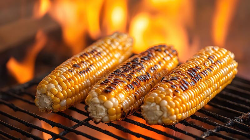 Three Roasted Corn Cobs Grilling Over an Open Flame on a Barbecue Stock ...
