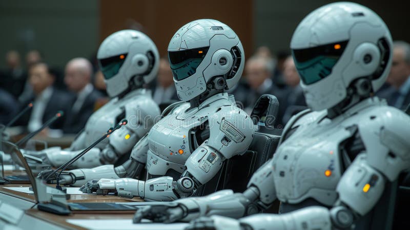 Three Robot Politicians Sit at Table in Conference Room. Stock Image ...