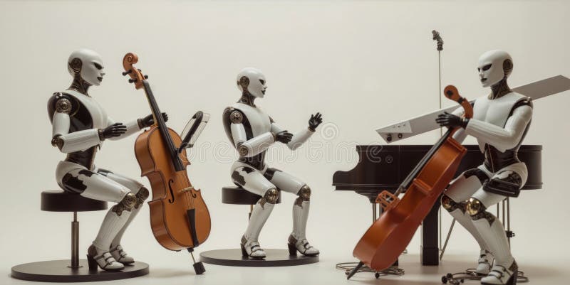 A Group of Robots Playing Instruments on a Stage Stock Illustration ...