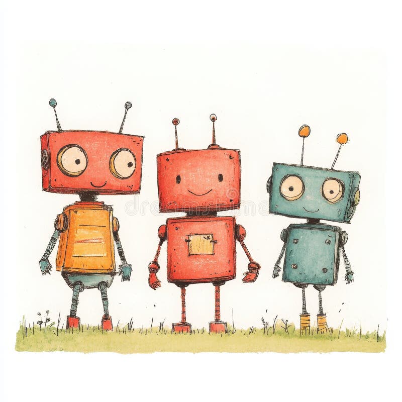 Three Robots with Different Designs in Fun Illustration Stock Photo ...