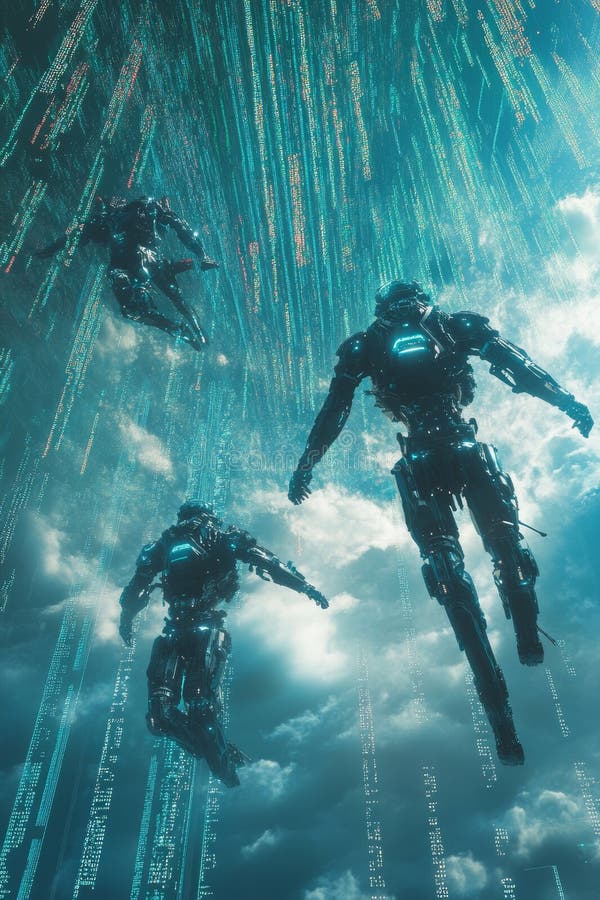 Three Robots are Flying in the Sky, Surrounded by a Blue and Green ...