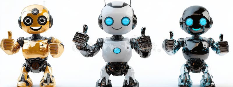 Three Robots Giving Thumbs Up Golden, White, Black, 3D Render, AI ...