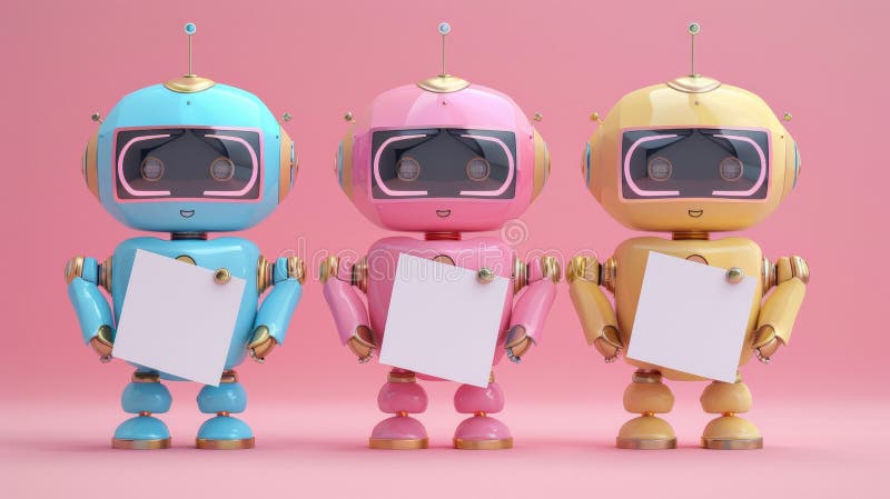 Three Robots Holding a Blank Piece of Paper in Front of Them, AI Stock ...
