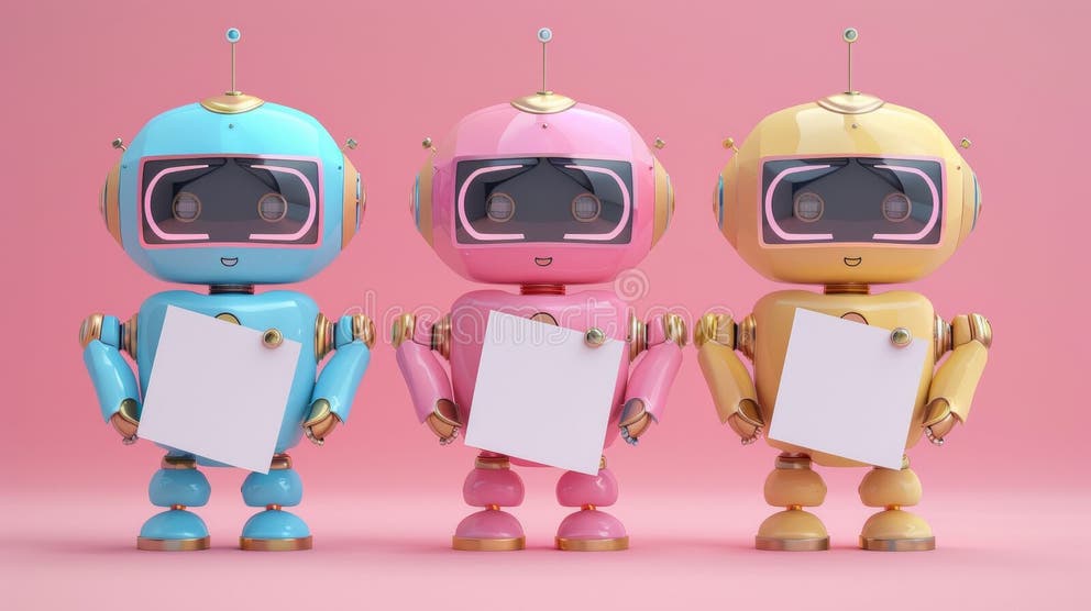 Three Robots Holding a Blank Piece of Paper in Front of Them, AI Stock ...