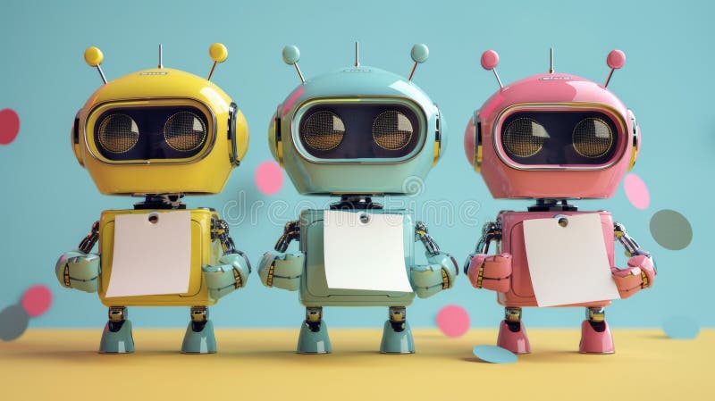 Three Robots with Paper Signs in Their Hands Standing Next To Each ...