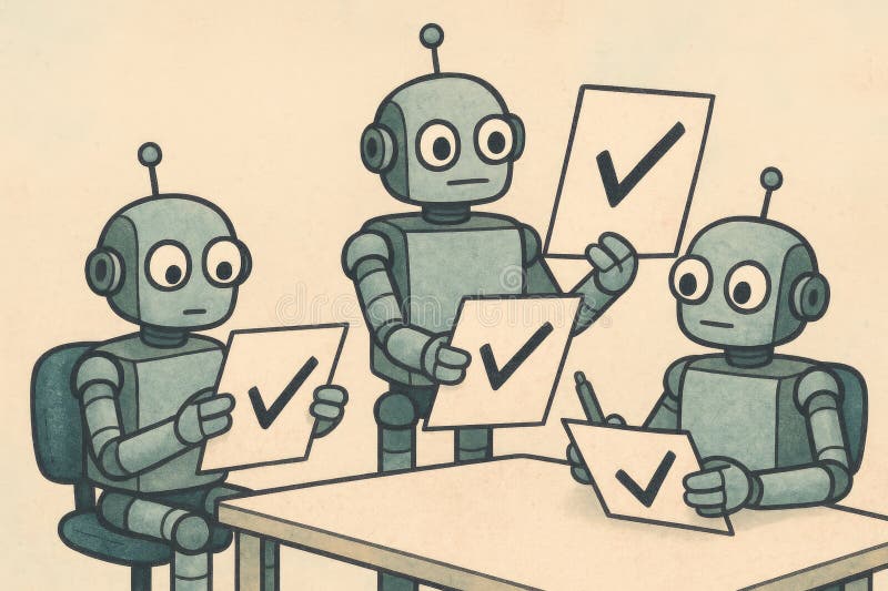 Three Robots Reviewing Checklists Teamwork Collaboration Stock ...