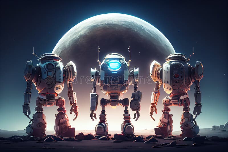 Three Robots in Space Galaxy Standing on Planet with Moon View ...