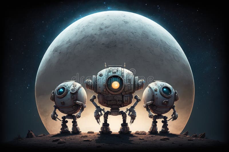 Three Robots in Space Stand Against the Background of the Moon ...