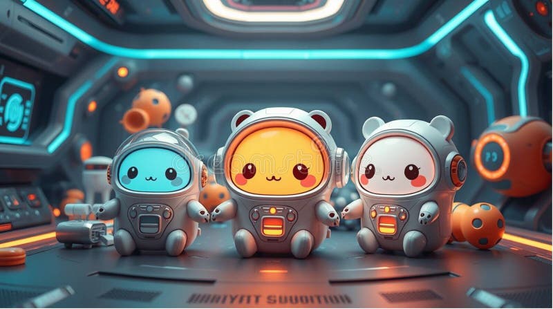 Three Robots in a Spaceship, One is Smiling Generated Stock ...