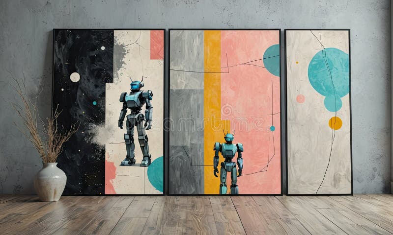Three Robots are Standing in Front of a Painting of a Robot on the Wall ...