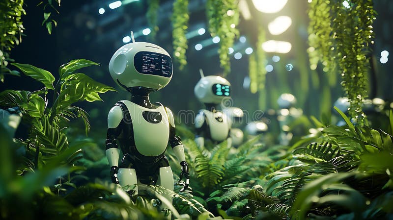 Three Robots are Standing in a Lush Green Forest Stock Photo - Image of ...