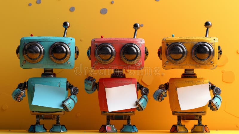 Three Robots are Standing Next To Each Other Holding Up a Piece of ...
