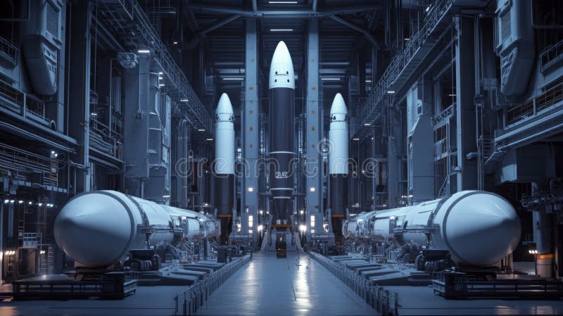 Three Rockets are Assembled in a Large Hangar Stock Photo - Image of ...